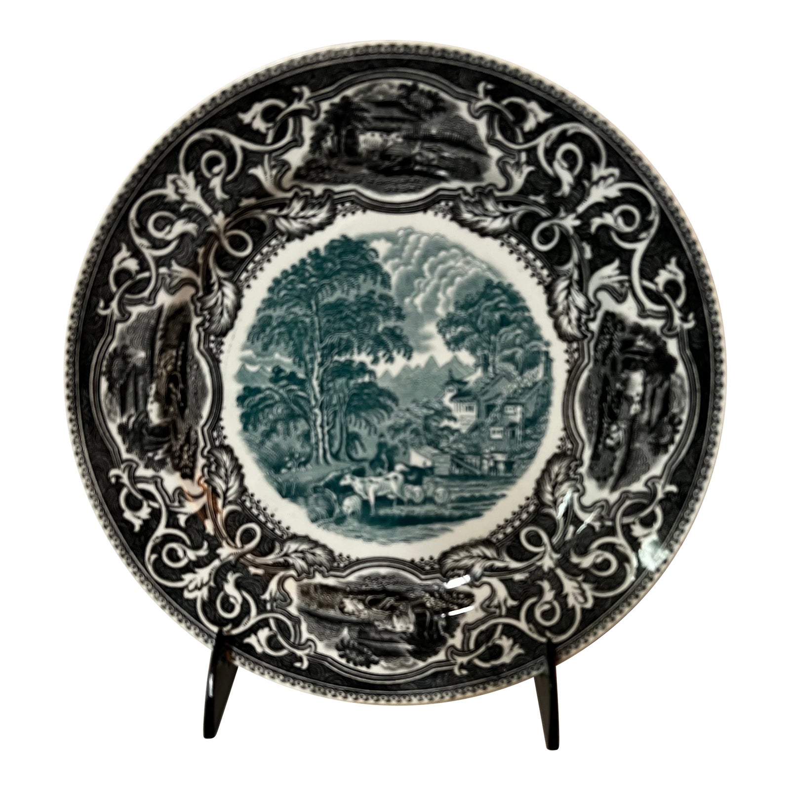 Antique French Faience Black & White With Green Transfer Ware Pastoral ...