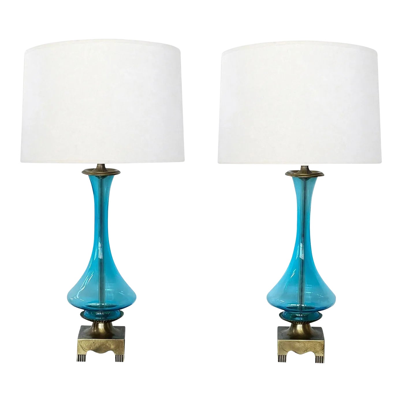 Cerulean Blue Clear Glass Bottle-form Lamps - A Pair | Chairish