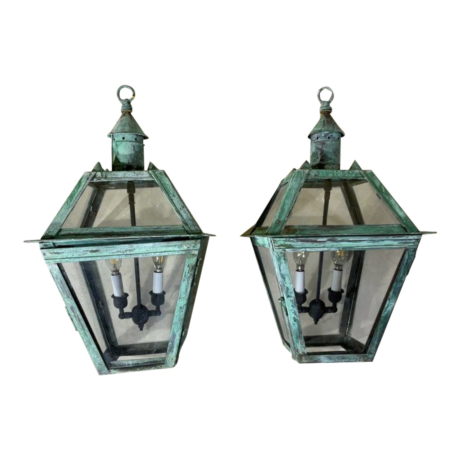 Pair of Vintage Square Handcrafted Copper Hanging Lanterns | Chairish