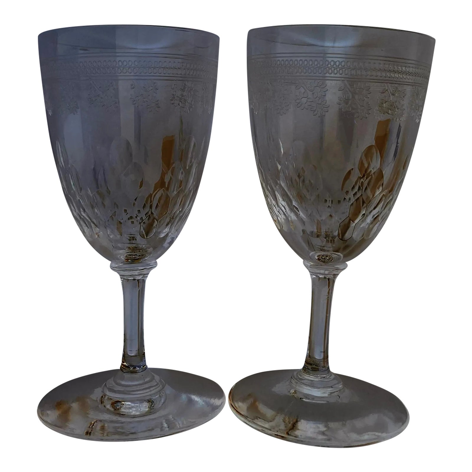 Vintage Clear Floral Etched Sherry / After Dinner Glasses- Set of 2 ...