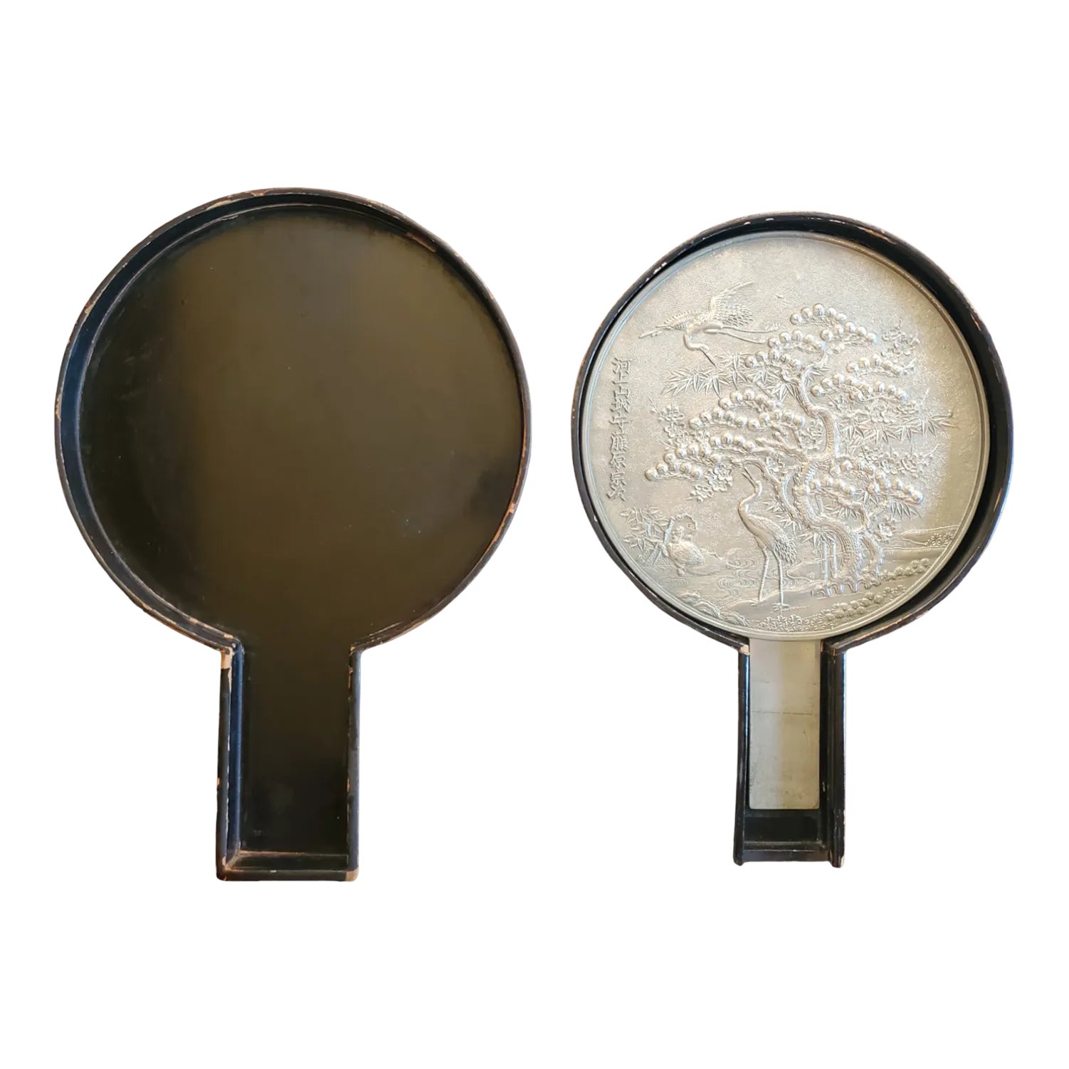Late 19th Century Japanese Bronze Kagami Mirror in Lacquered Box | Chairish