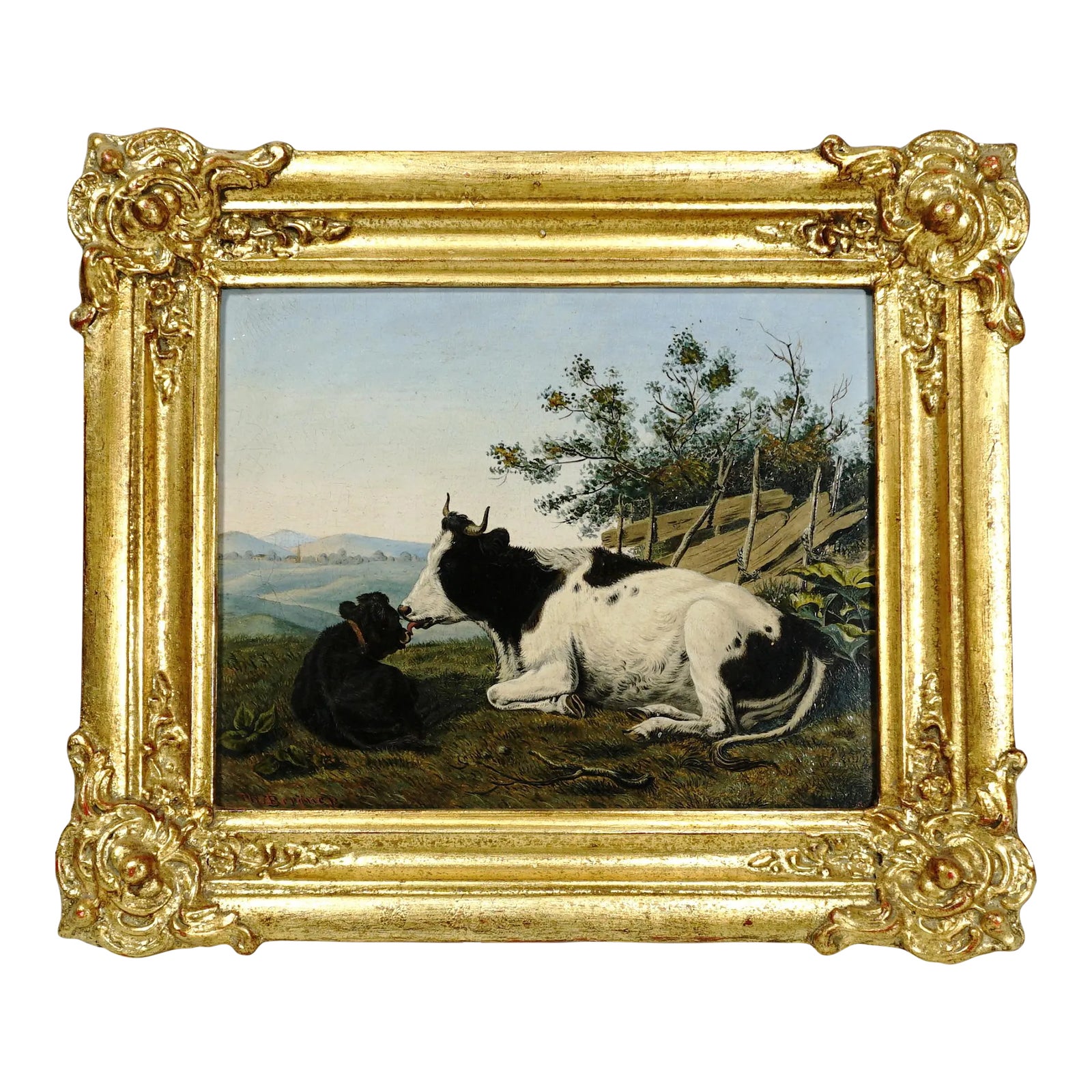 Victorian Oil Painting of a Cow & Calf, Dated 1854, Pastoral Farm Scene ...