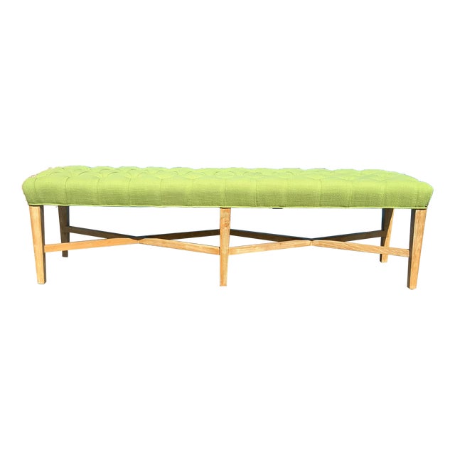 Mid Century Modern Long Tufted Oak Bench | Chairish