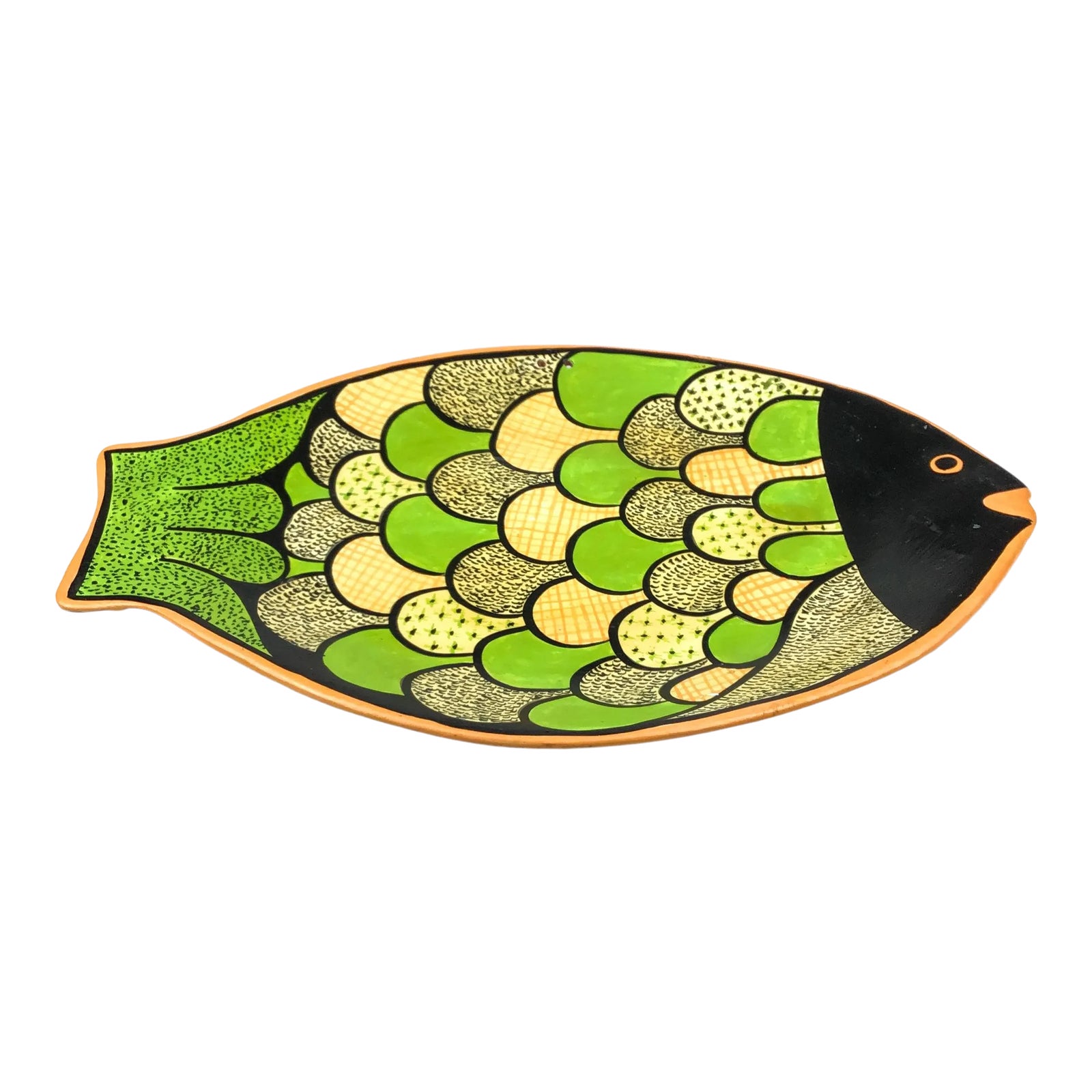 Hand Painted Clay Fish Design Wall Art or Serving Platter | Chairish
