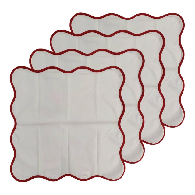 Handmade Scalloped Napkins, White with Red Piping - Set of 4 | Chairish