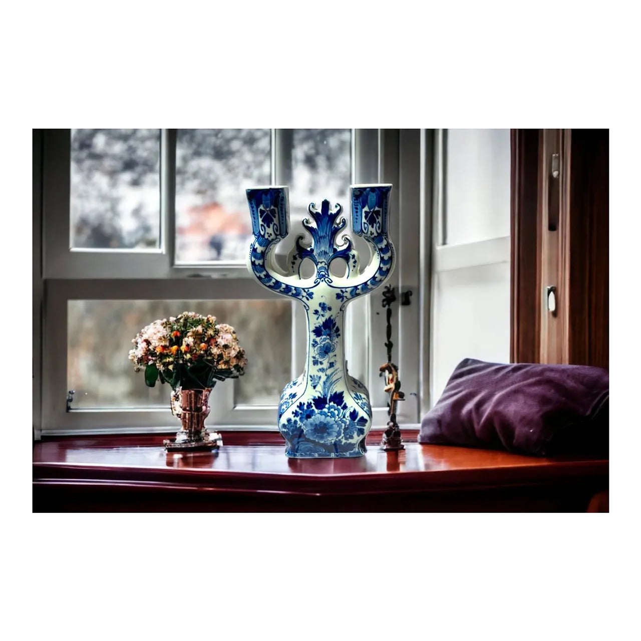 Late 19th Century Antique, Signed, Delft Double Arm Candlestick | Chairish