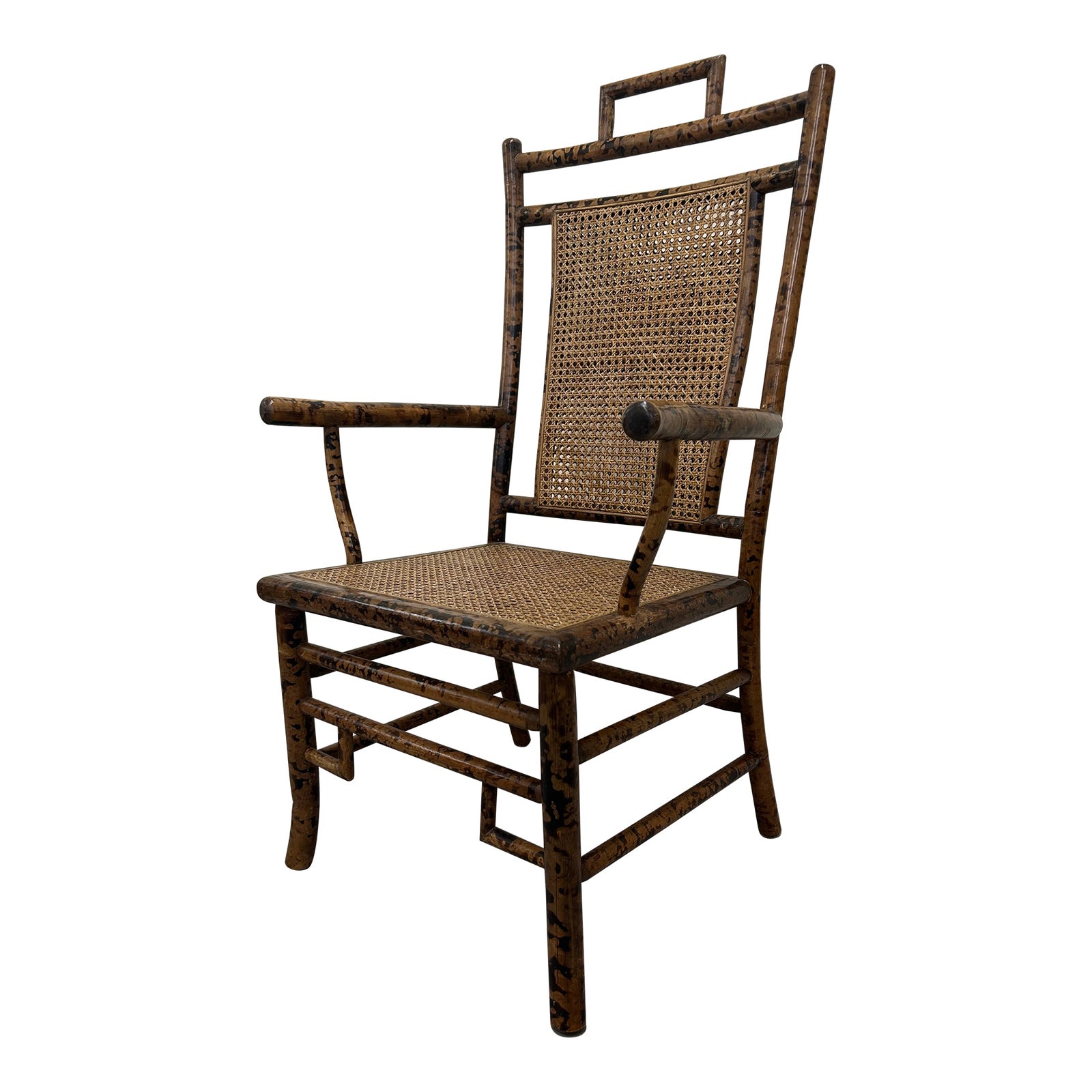 Late 20th Century Burnt Bamboo Style Cane Arm Chair | Chairish