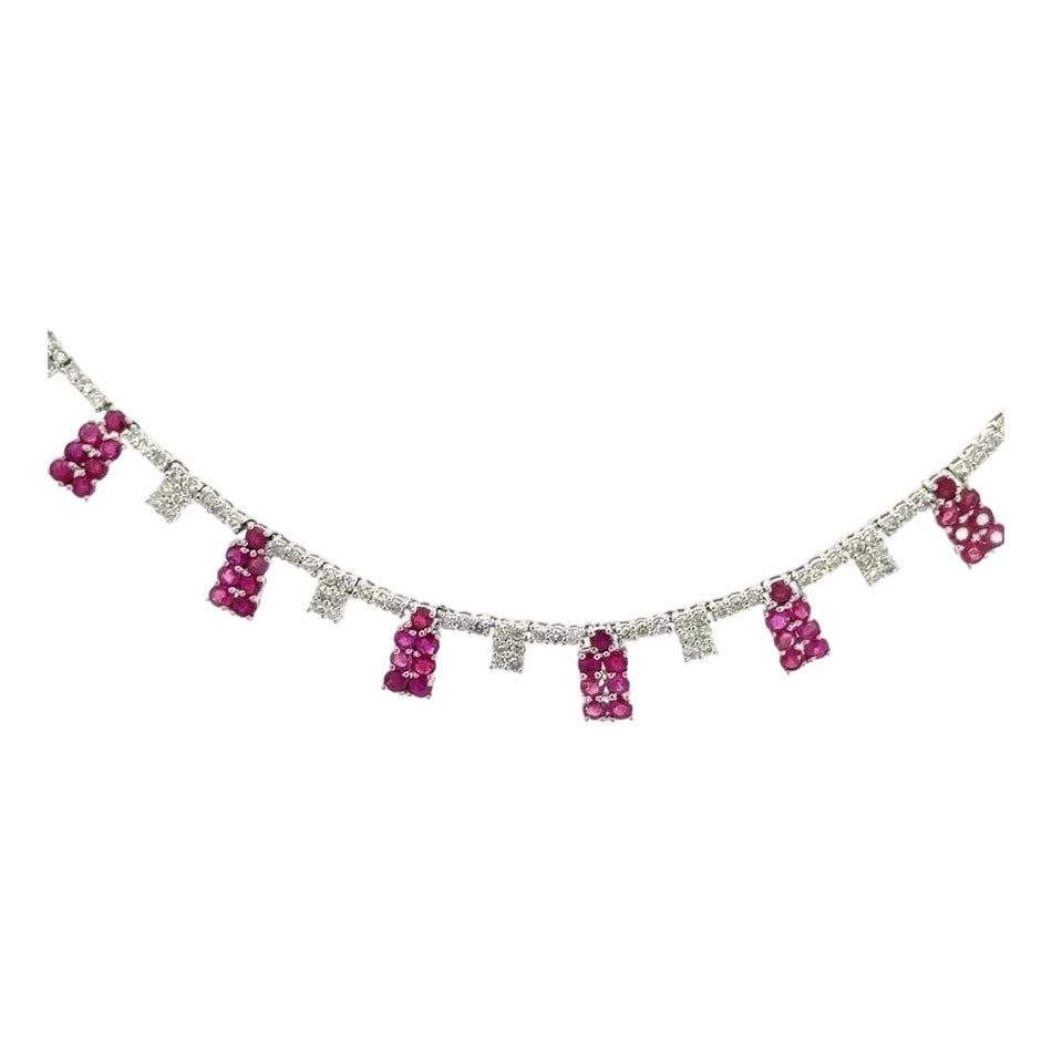 Rubies Diamond Gold Collar Necklace 14k White Popcorn Chain | Chairish