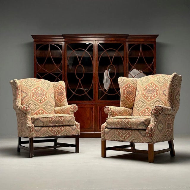 English Georgian Style, Wingback Chairs, Pink Aztec Print, Tapestry ...