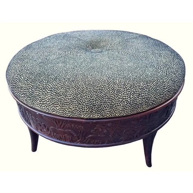 Sam Moore Round Cocktail Ottoman With Carved Teakwood Frame and Cheetah ...