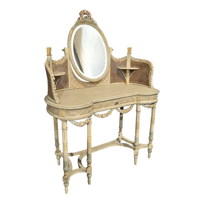 French Painted Bergere Dressing Table, 1900 | Chairish