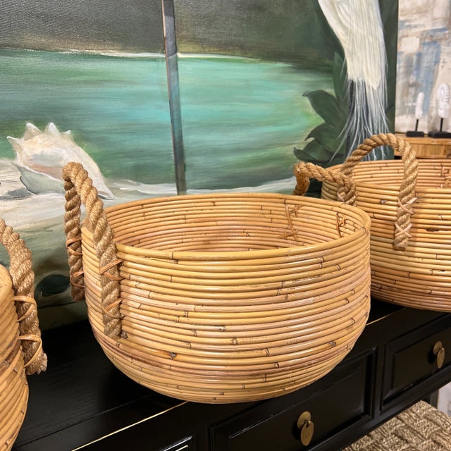 Set of 3 Pencil Reed Rattan and Rope Bowls | Chairish