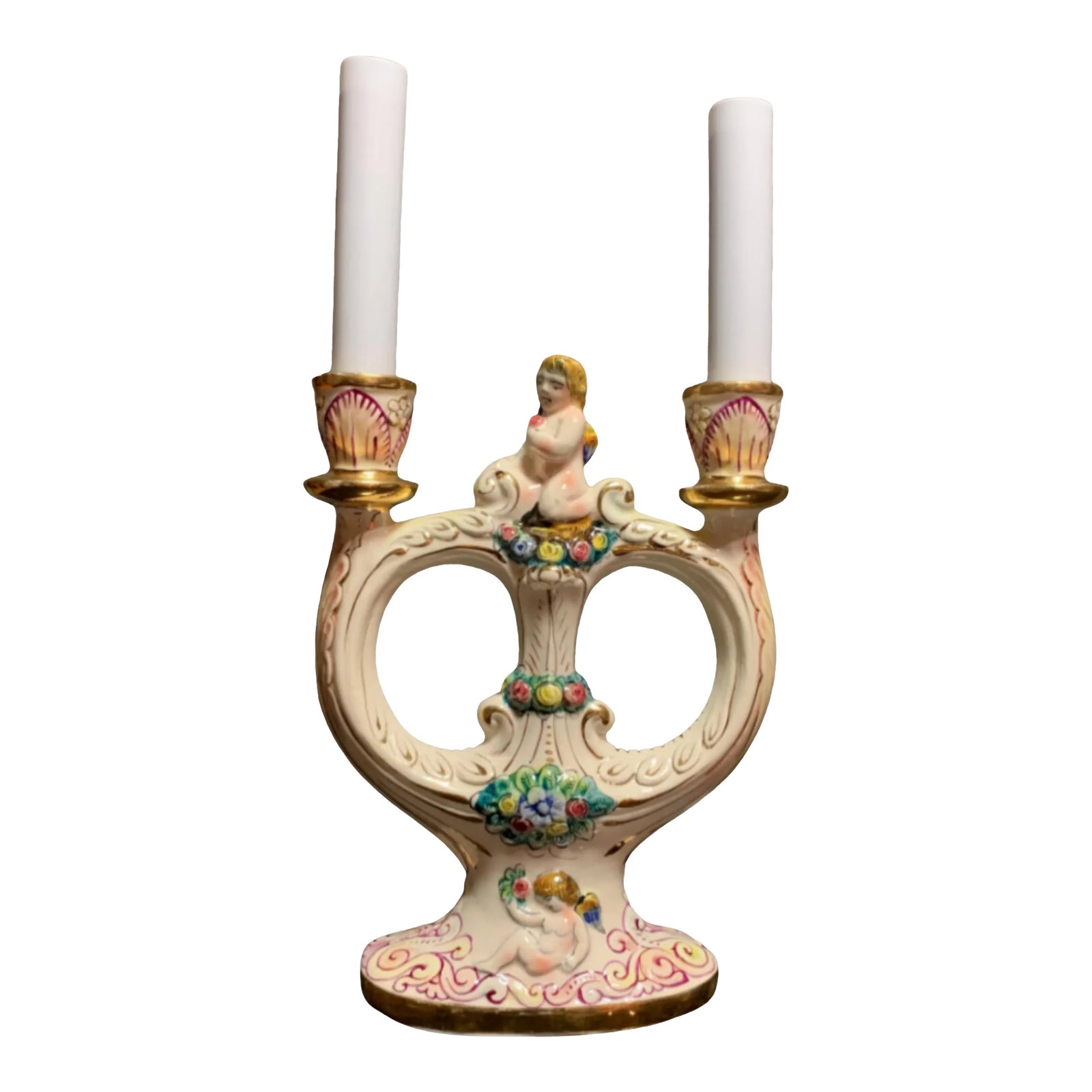 Mid-Century Capodimonte Candelabra Lamp- Cherub | Chairish