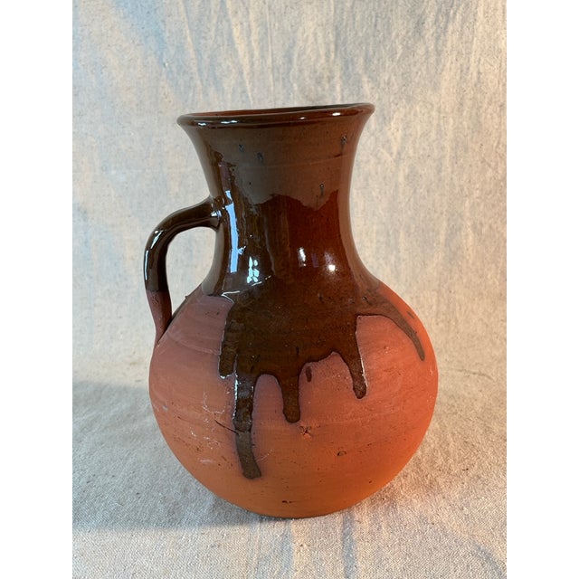 Vintage Terracotta Handle Jug With Drip Glaze | Chairish