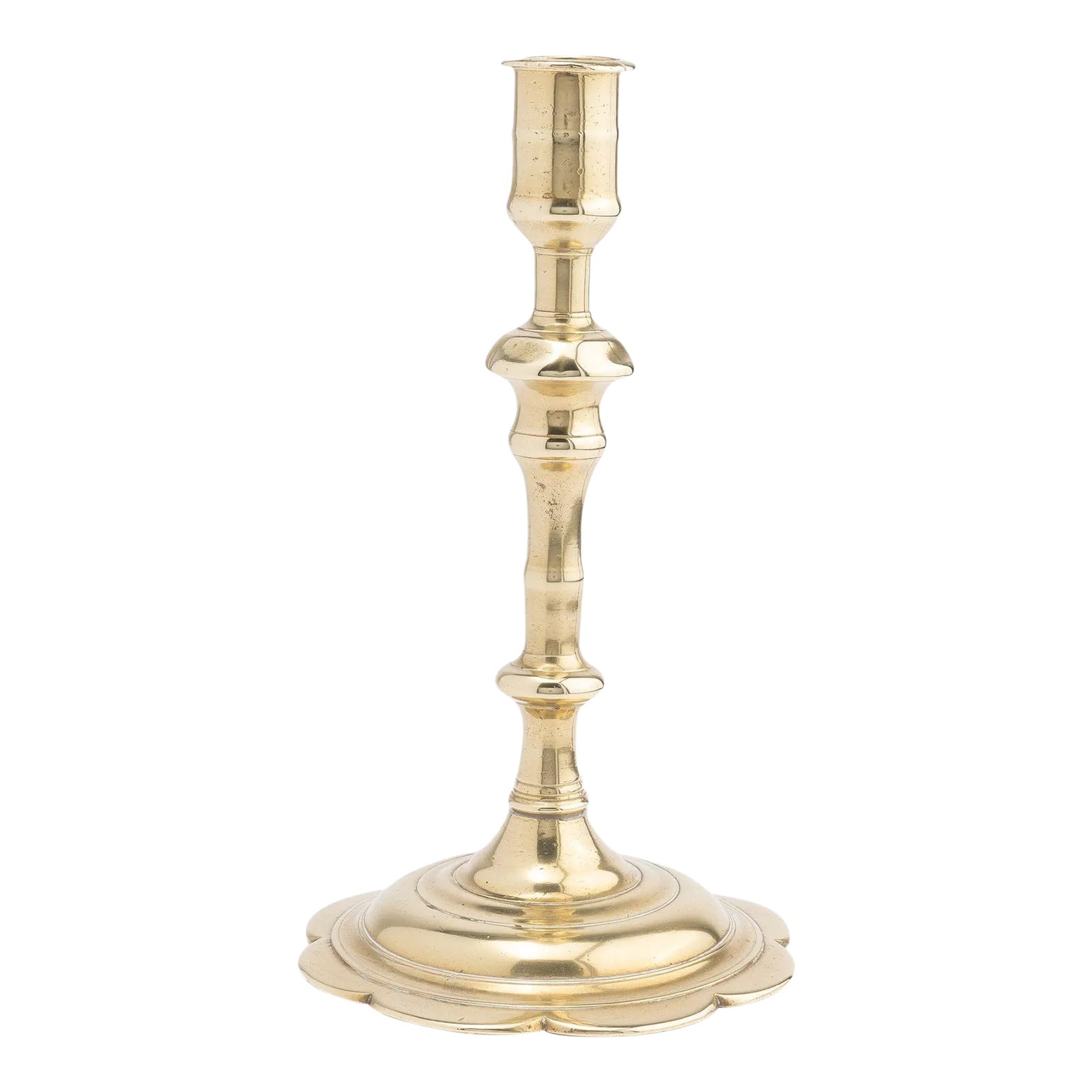 English Queen Anne Cast Brass Baluster Shaft Candlestick With Candle ...
