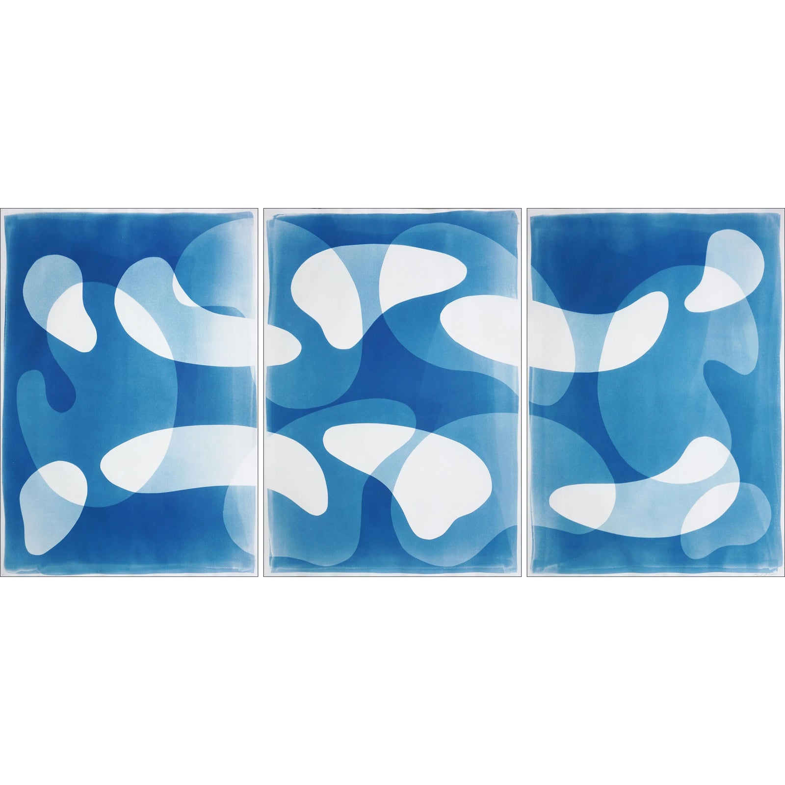 2025, Abstract Modern Shapes, Large Triptych in Blue Tones, Blue ...