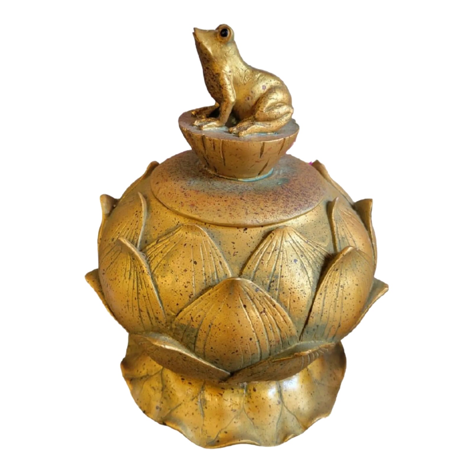 Vintage Painted Gold Leaf Lotus Flower Frog Cache Pot | Chairish