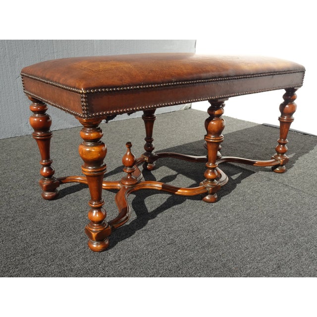 Vintage Theodore Alexander Brown Leather Rustic Bench | Chairish