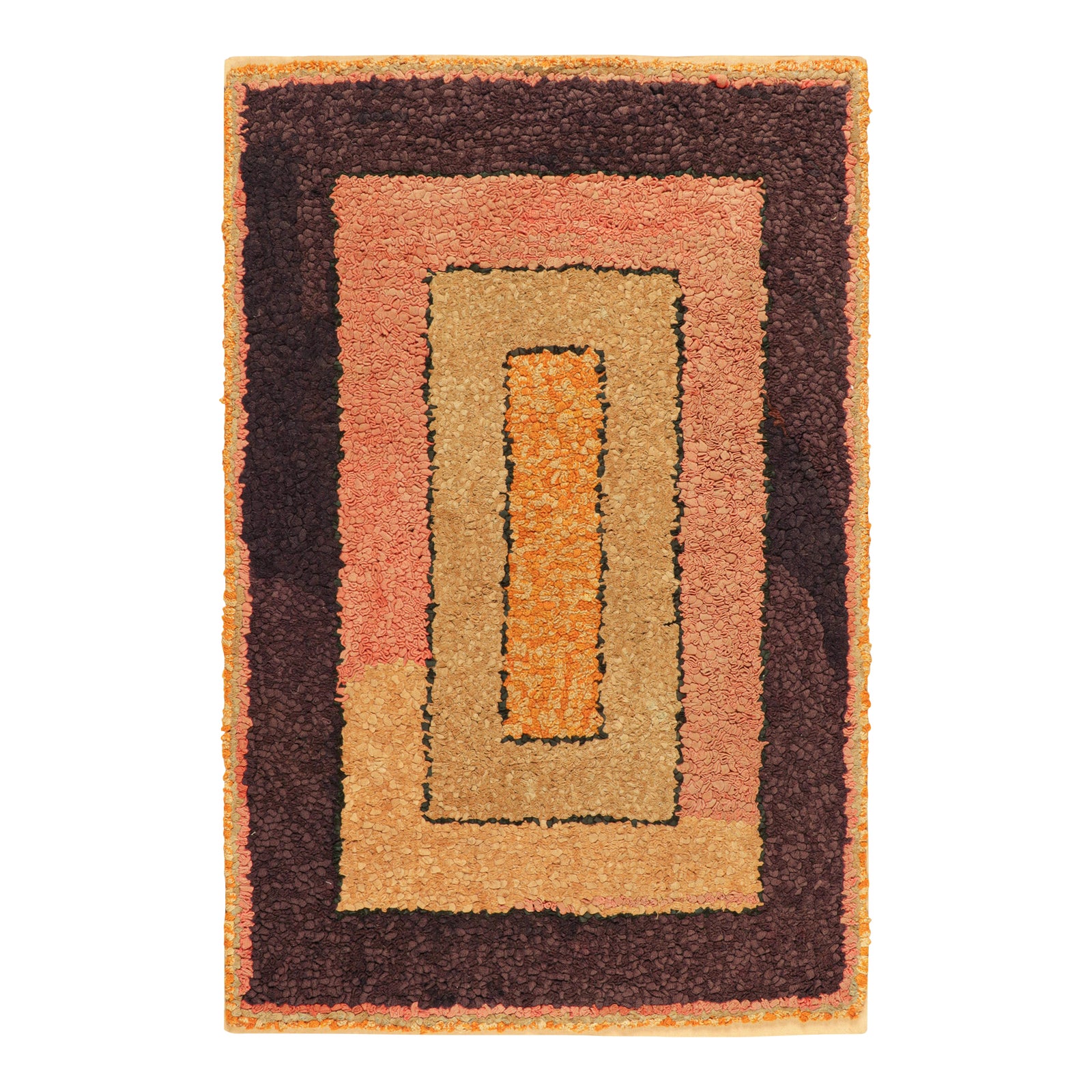 Antique Framed Hooked Rug in Pink, Gold and Brown, Geometric - Rug ...