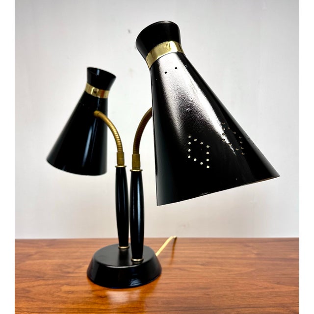 Mid Century Atomic Modern Double Gooseneck Desk Lamp in Black & Brass ...