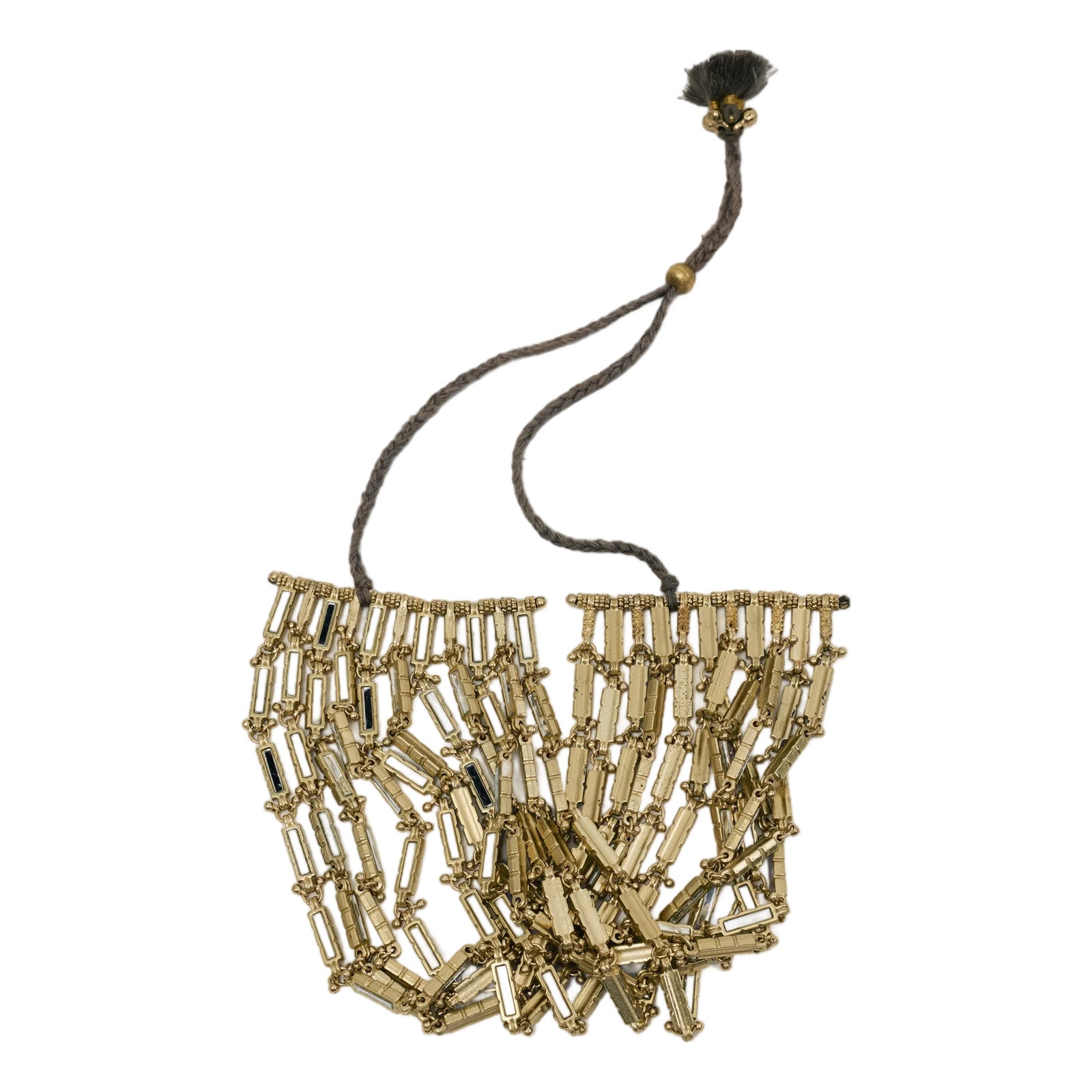Necklace With Gold Mirrored Rectangular Shapes & Yarn Tie | Chairish