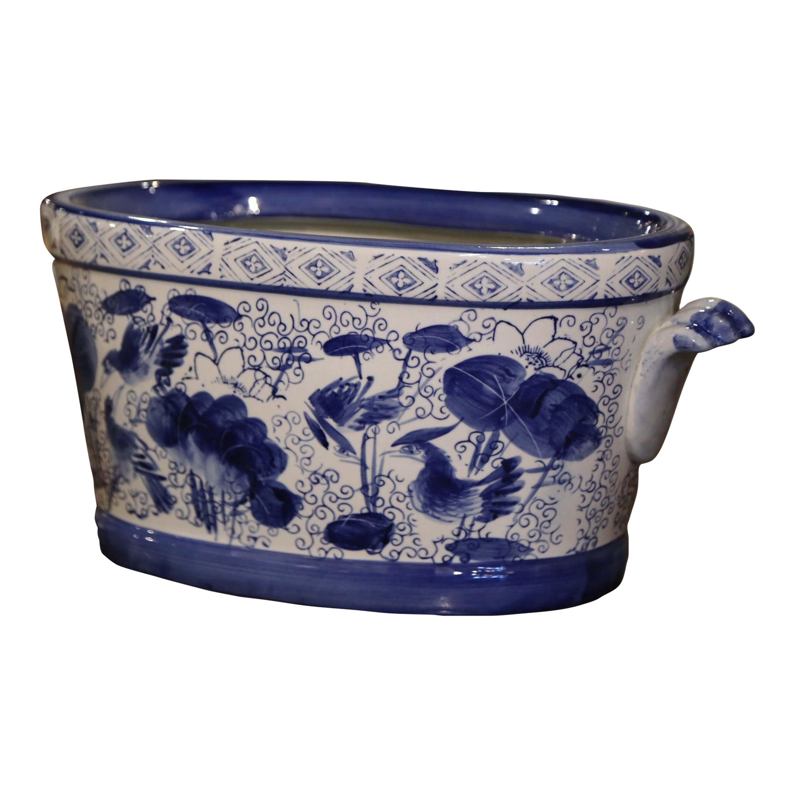 20th Century Asian Blue and White Painted Porcelain Foot Bath Bowl ...
