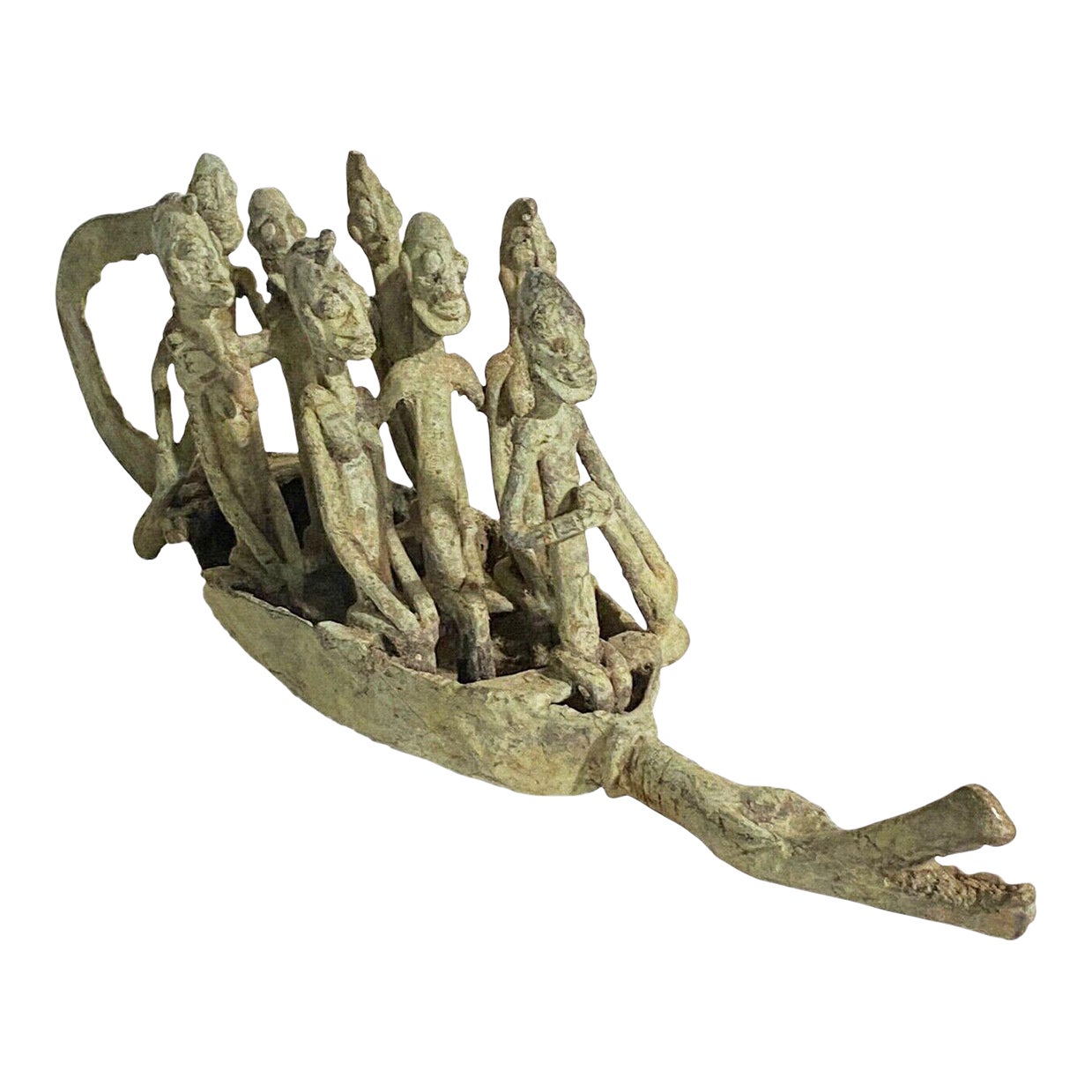 Vintage Large Dogon Bronze Pirogue Crocodile Boat W/ Figures , Mali 15. ...