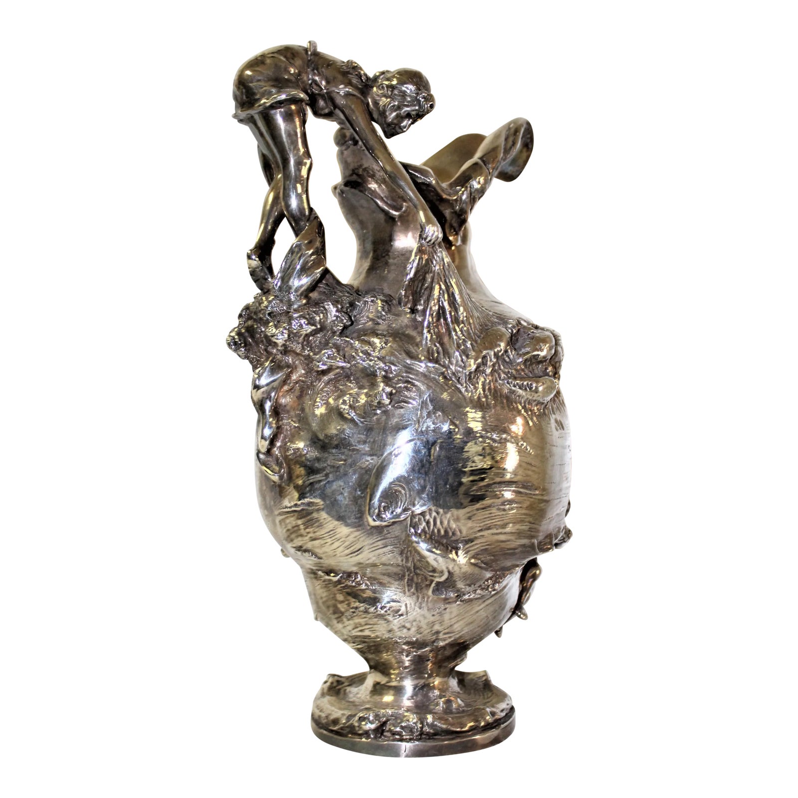 Antique , Silver Finish Art Nouveau Girl Pulling Fish Net. Vase | Chairish