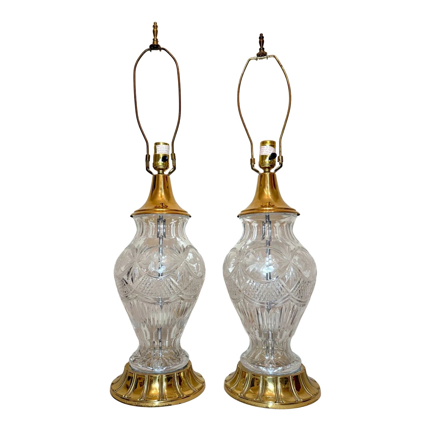 1990s Large Pair of Quality Vintage Brass Cut Crystal Electric Table ...