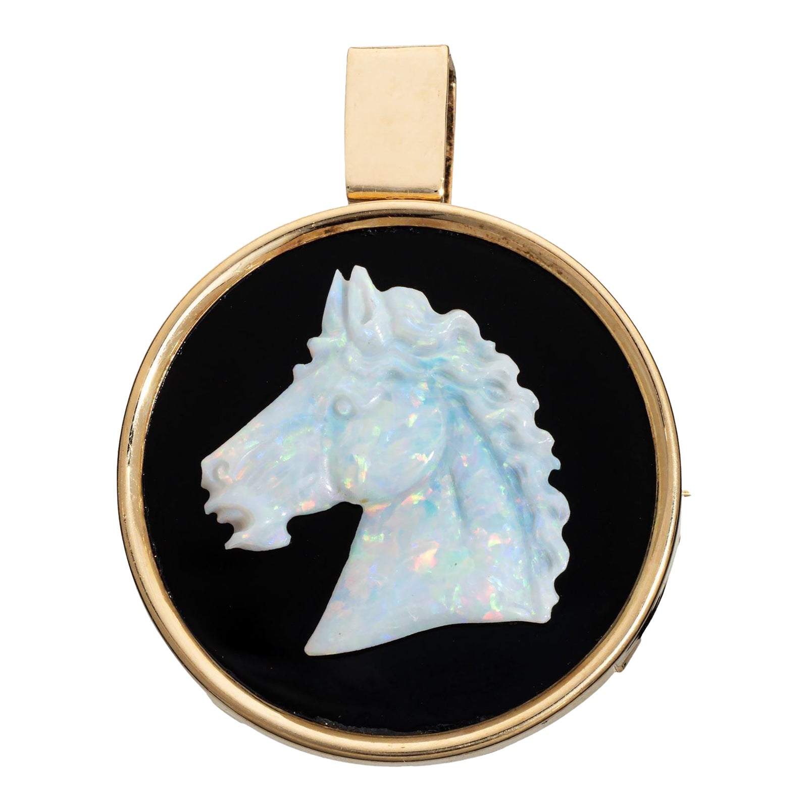 Carved Opal Horse Head Pendant Vintage 14k Yellow Gold Round Brooch ...