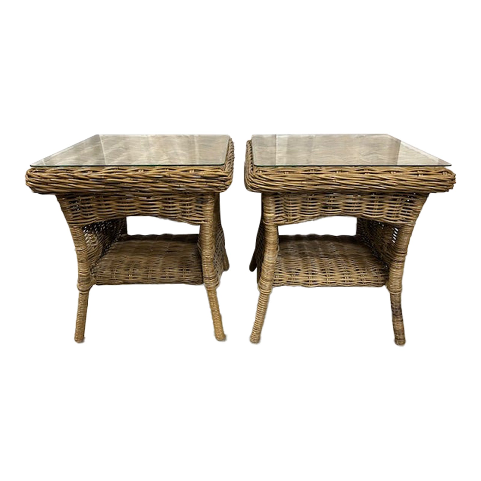 Rattan Wicker Side Tables With Shelf, a Pair | Chairish