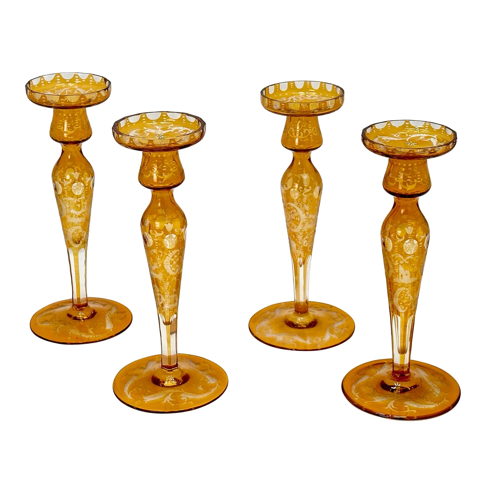 Set of 4 Antique Bohemian Hand Made & Hand Etched Cut Amber to Clear ...