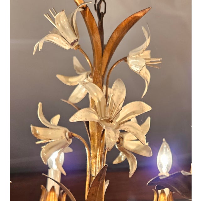 1950s Italian Tole Flowers Gilt Six-Light Chandelier | Chairish