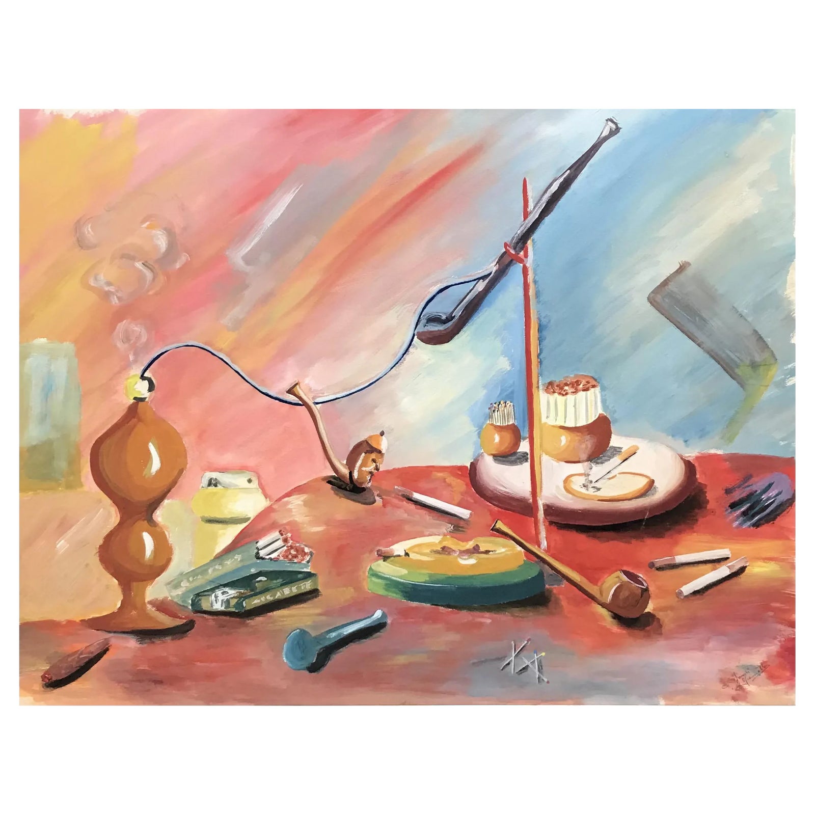Giametta Narguilé, pipes et cigarettes, 1980, Oil on Wood | Chairish