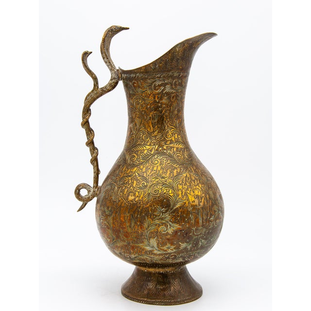 Vintage Brass Etched Pitcher With Snake Handle | Chairish