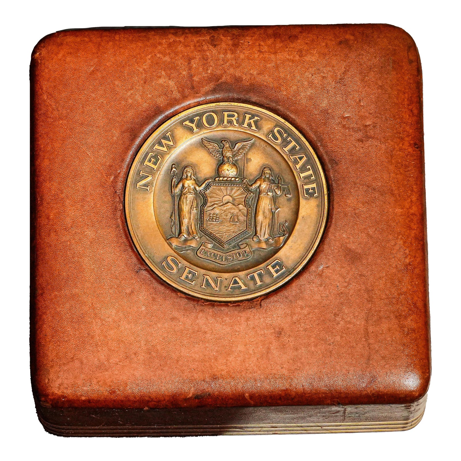 New York State Senate Bronze Medallion Antique Leather Base Paperweight ...
