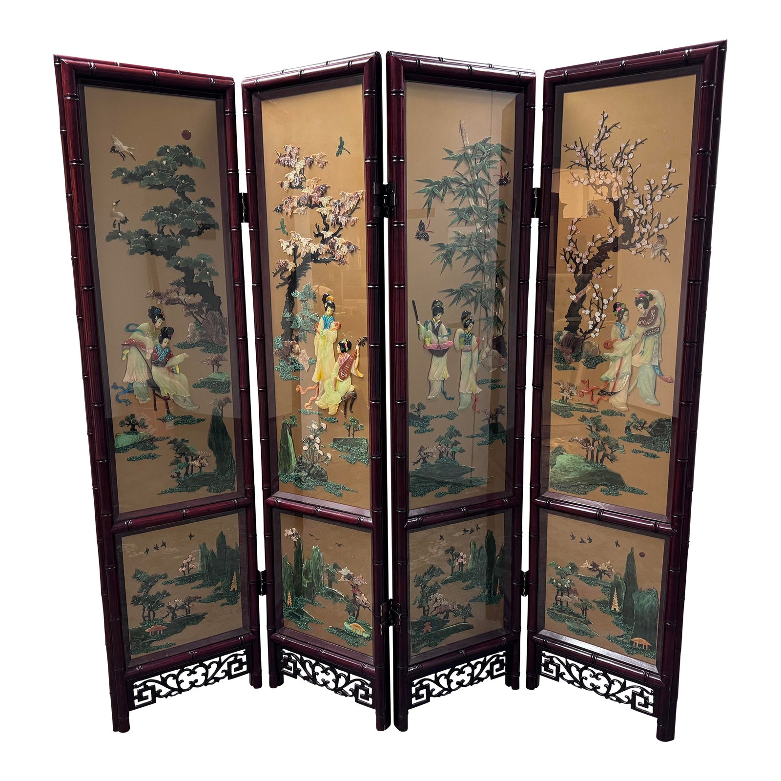 Vintage Four Panel Asian Jade + Stone Room Divider | Chairish