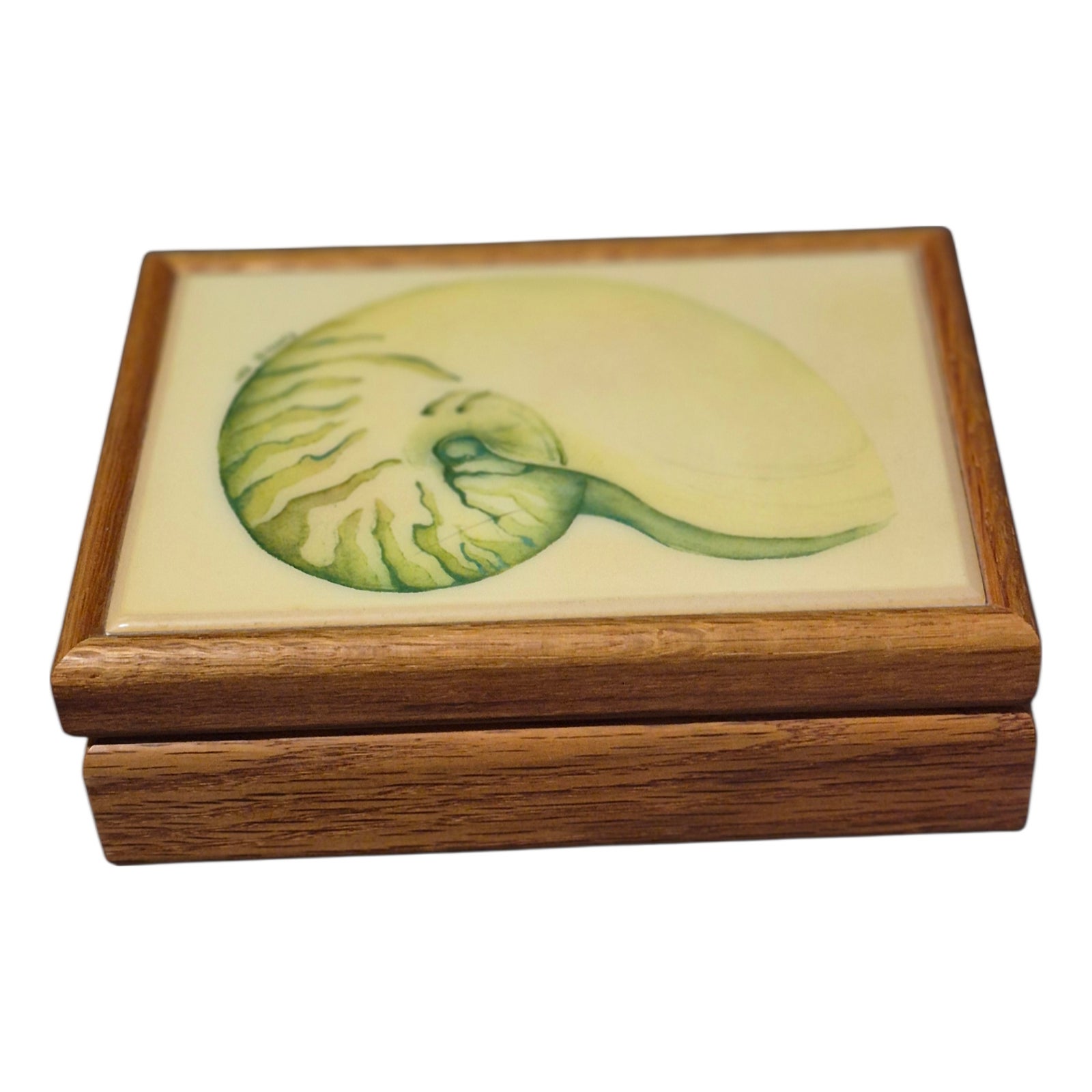 Late 20th Century Painted Seashell Nautilus on Ceramic Tile Wooden Oak ...