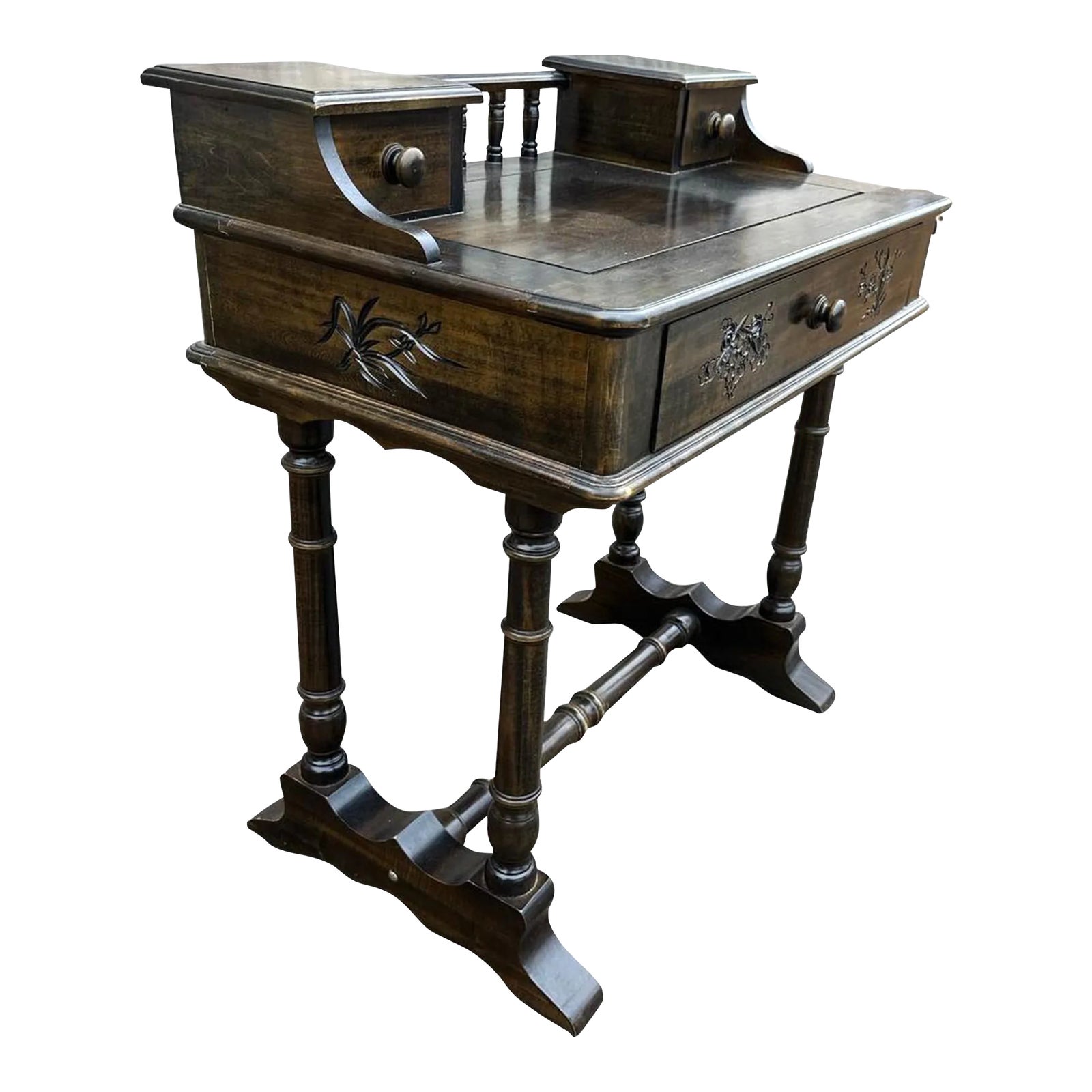 Spanish Style Trestle Base Walnut Writing Desk - Vintage Early 21st ...