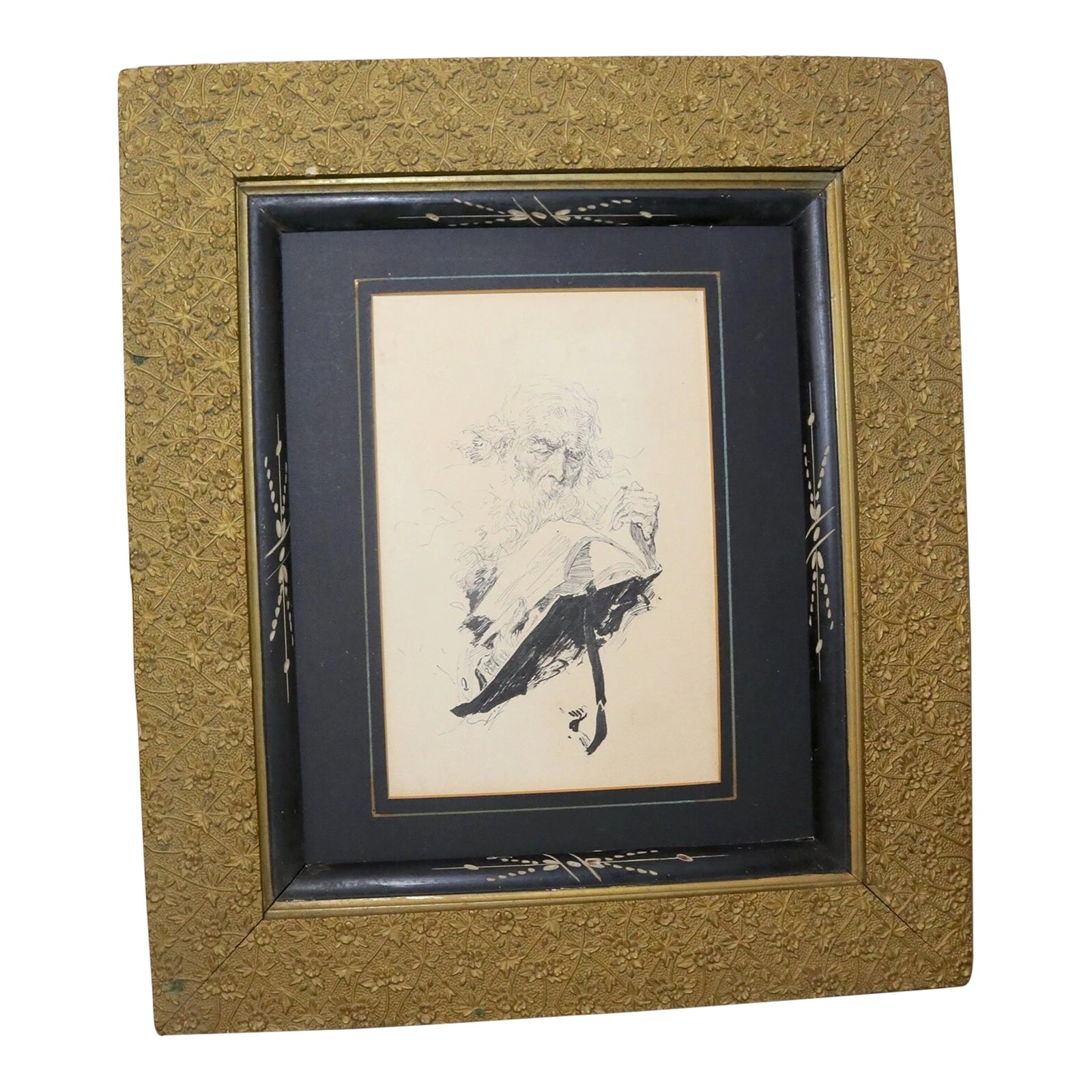 Antique 1800's Victorian Religious Jewish Rabbi Portrait Ink Drawing ...