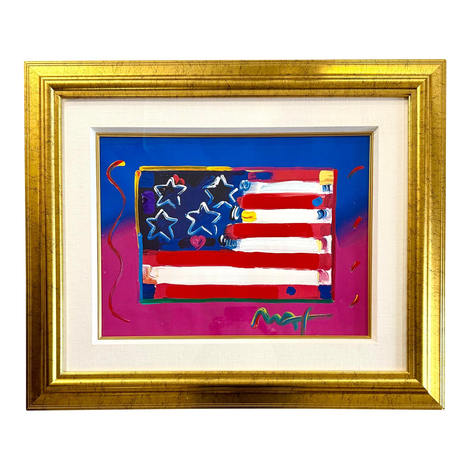 Signed Peter Max “Flag With Heart” Original Painting | Chairish