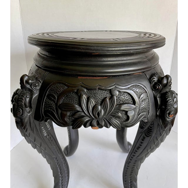 Asian Japanese Black Carved Wood Dragon Stand Pedestal | Chairish