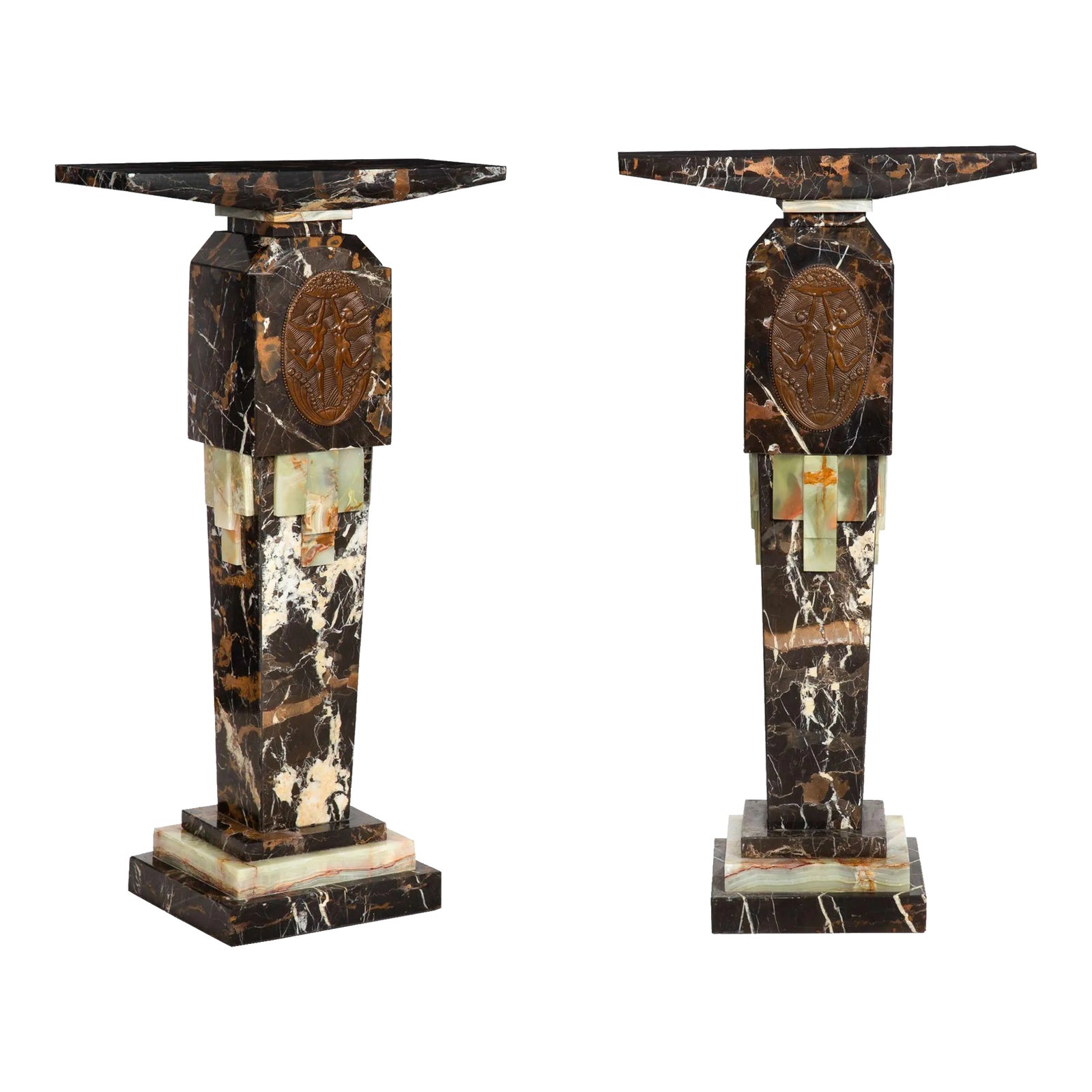Pair of Art Deco Style Marble & Onyx Pedestals Columns With Bronze ...