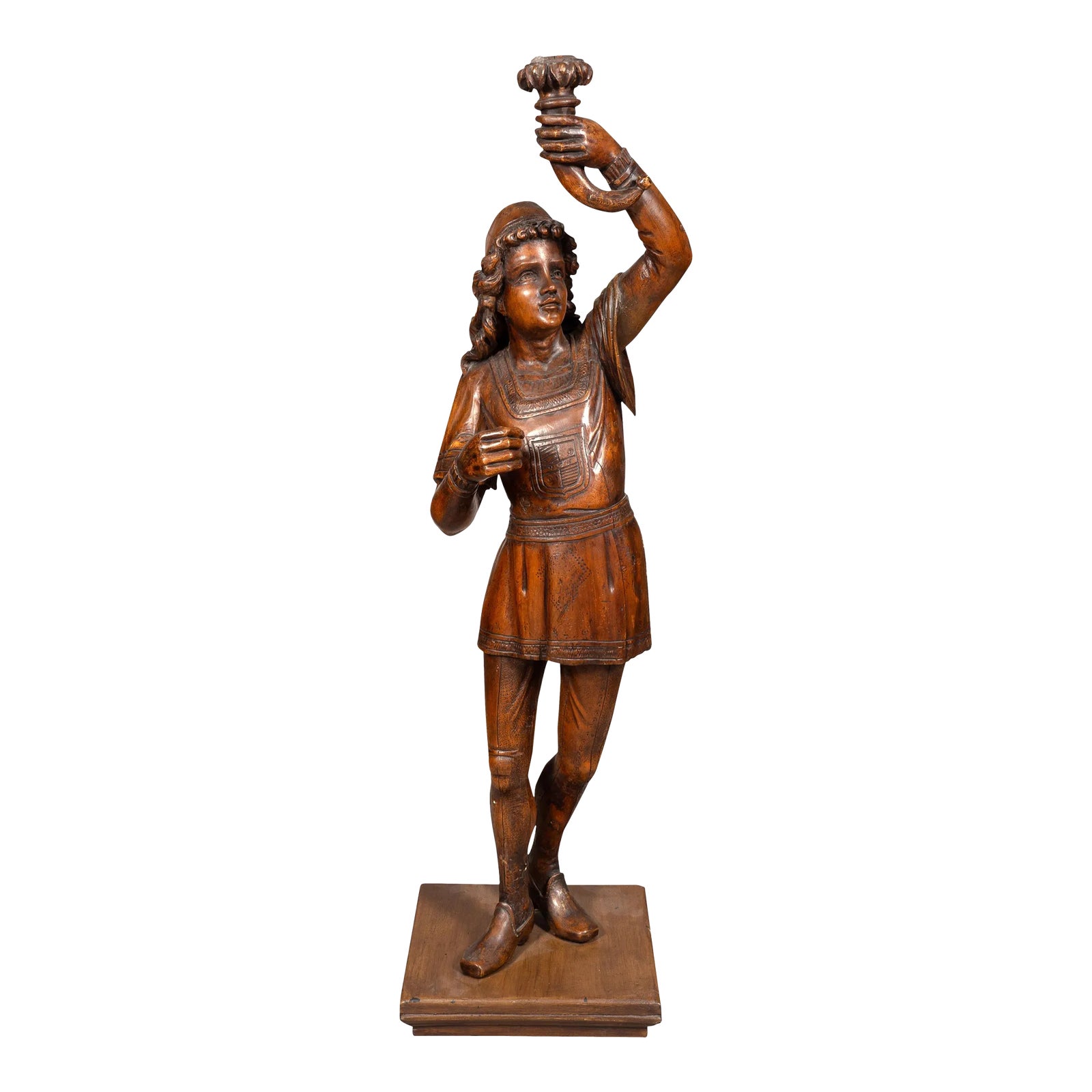 Italian Carved Walnut Torchere Of A Standing Boy Holding A Torch | Chairish