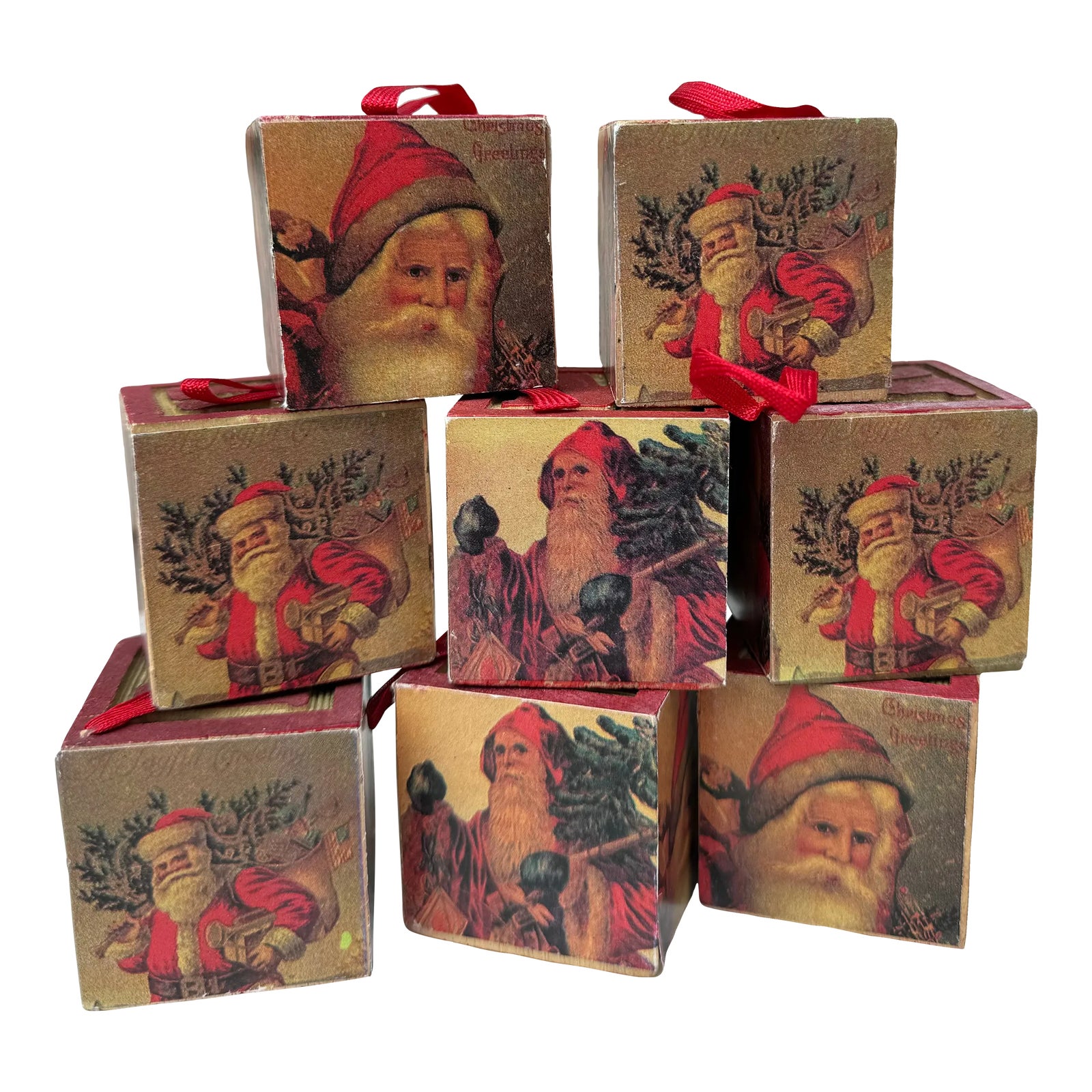 1980’s Alphabet Block Santa Motif Christmas Ornaments - Set of 8 | Chairish