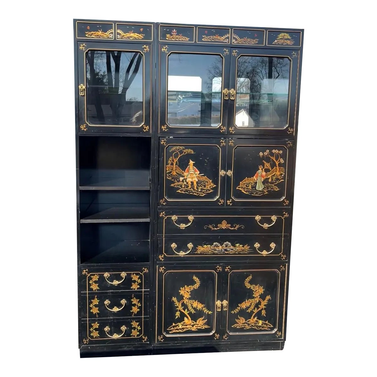 1970s Jasper Cabinet Co. Chinoiserie Black Lacquer Hand Painted Drop ...