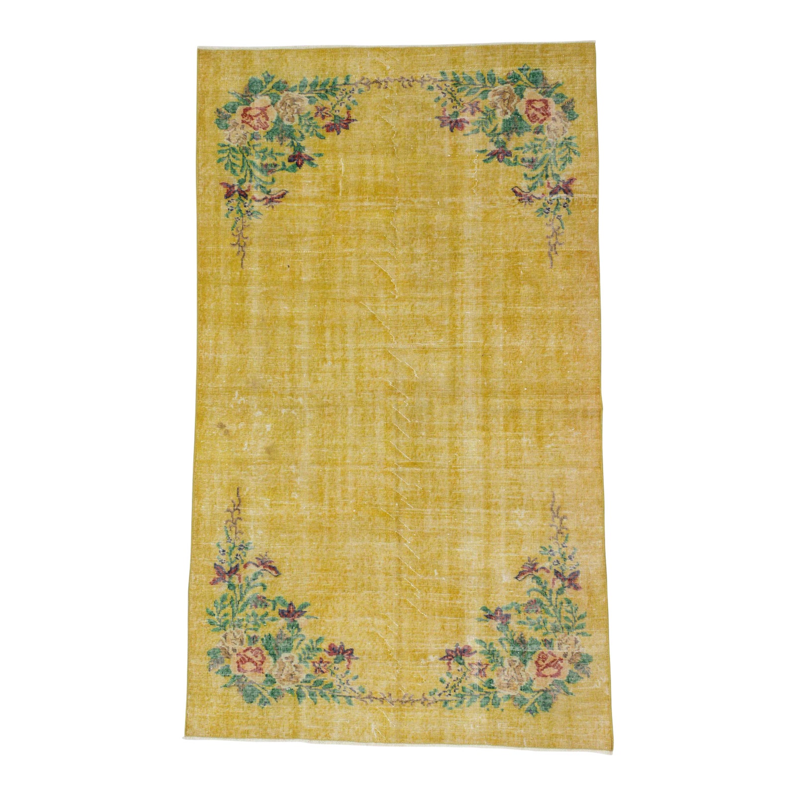 Vintage Floral Design Yellow Deco Rug - 4′10″ × 8′3″ | Chairish