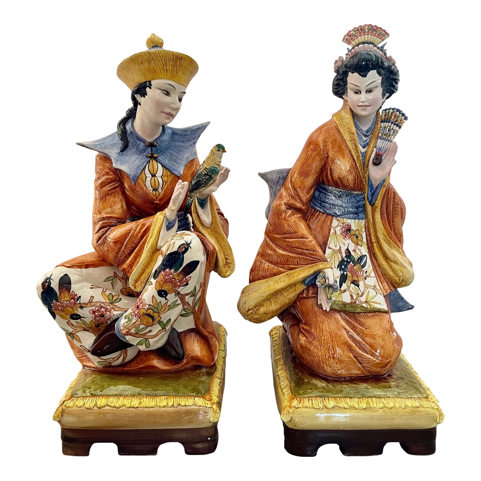Set of 2 Domenico Poloniato Italian Large Glazed Ceramic Asian ...