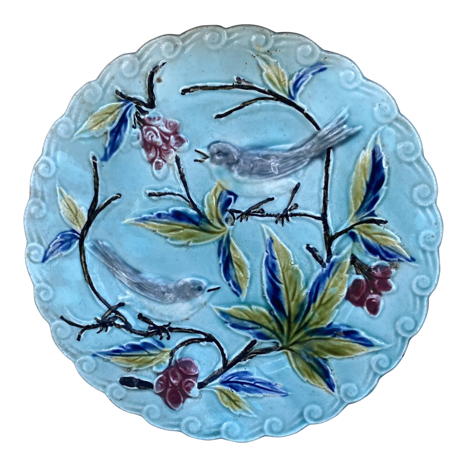 Circa 1890 French Majolica Birds Plate Onnaing | Chairish