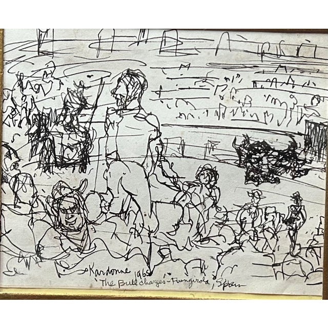 1960’s Pen & Ink Drawing of Spanish Bull Fight by Joseph Kardonne ...